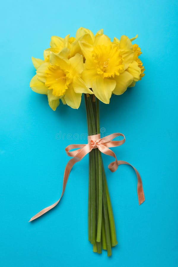Beautiful Daffodil Bouquet on Light Blue Background, Top View Stock ...