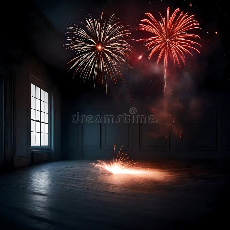 Fireworks in a Dark Empty Room - Ai Generated Image Stock Illustration ...