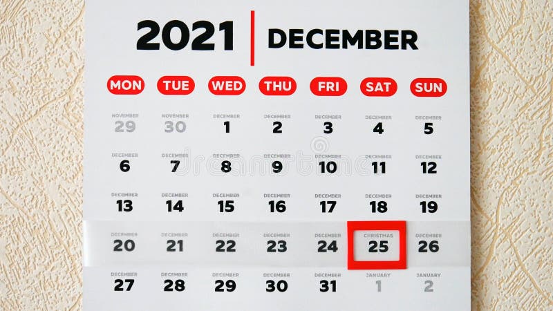 A Beautiful December Page of the Wall Calendar 2021 with a Red Cursor ...