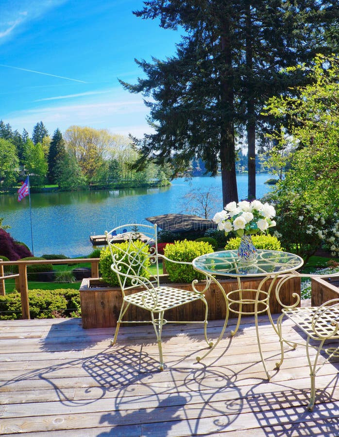 Lake View Backyard with Deck and Spring Landscape. Stock Image - Image ...