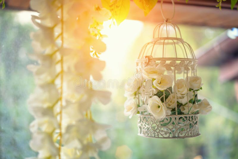 Beautiful Decor, White Cage with Flowers Hanging by the Window Stock ...