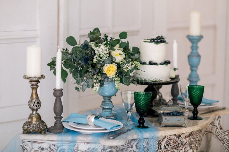 Beautiful Decorate Table with Candles, Vase with Flowers and Wedding ...