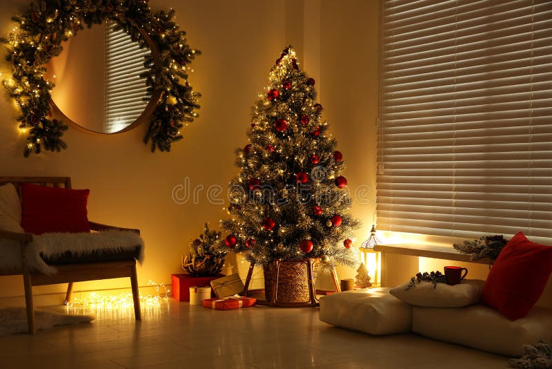 Festive Room Interior with Christmas Trees Stock Image - Image of room ...
