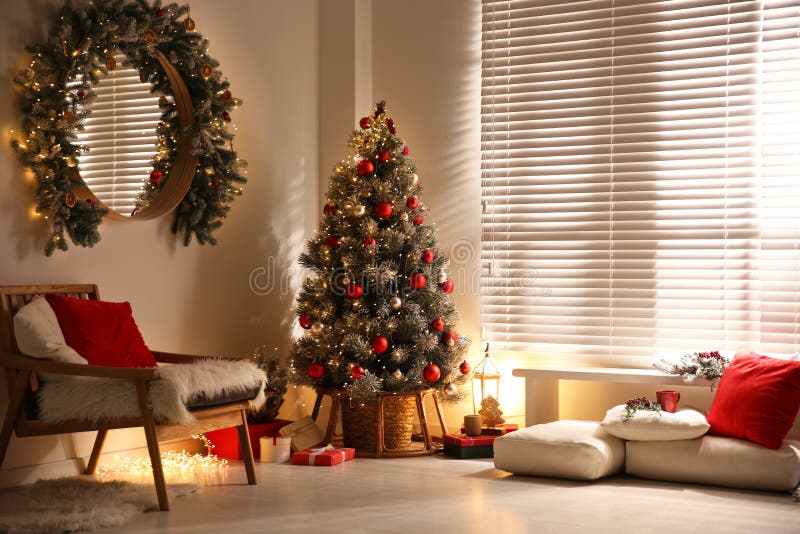 Festive Room Interior with Christmas Trees Stock Image - Image of room ...