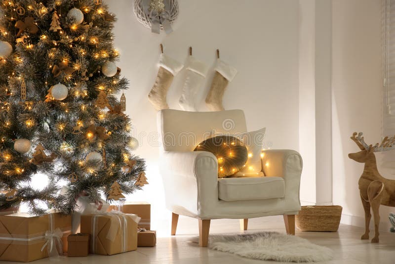 Festive Room Interior with Christmas Trees Stock Image - Image of room ...