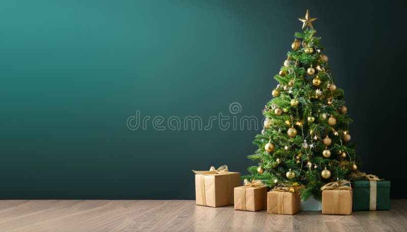 Beautiful Decorated Christmas Tree and Gift Boxes with Copy Space Stock ...