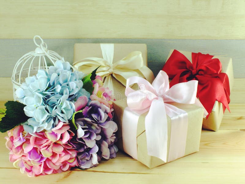 Beautiful Decorated Colorful Flower Bouquet and Gift Box Present Stock ...