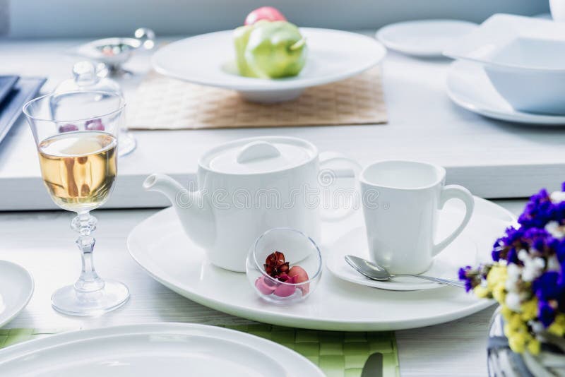 Beautiful Decorated Table at Restaurant. Light Background. Stock Image ...