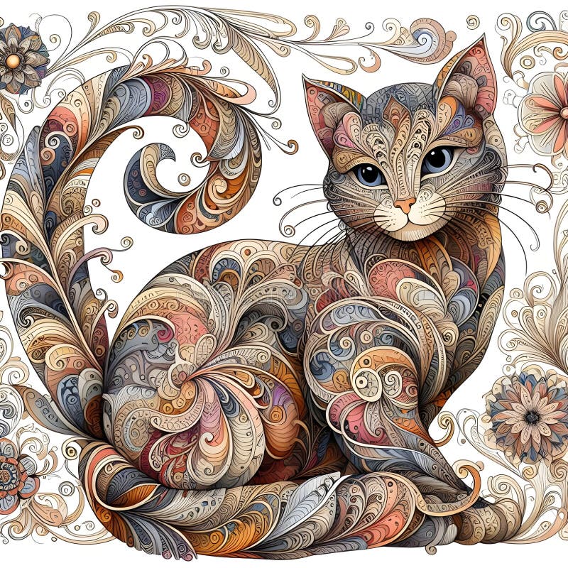 Beautiful Decorative Cat Abstract Flo Stock Illustration - Illustration ...