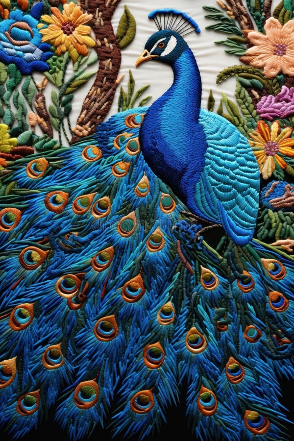 Beautiful Decorative Embroidery of Peacock among Plants and Flowers ...