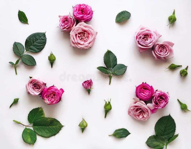 Decorative Frame with Pink Bright Roses and Leaves on White Background ...