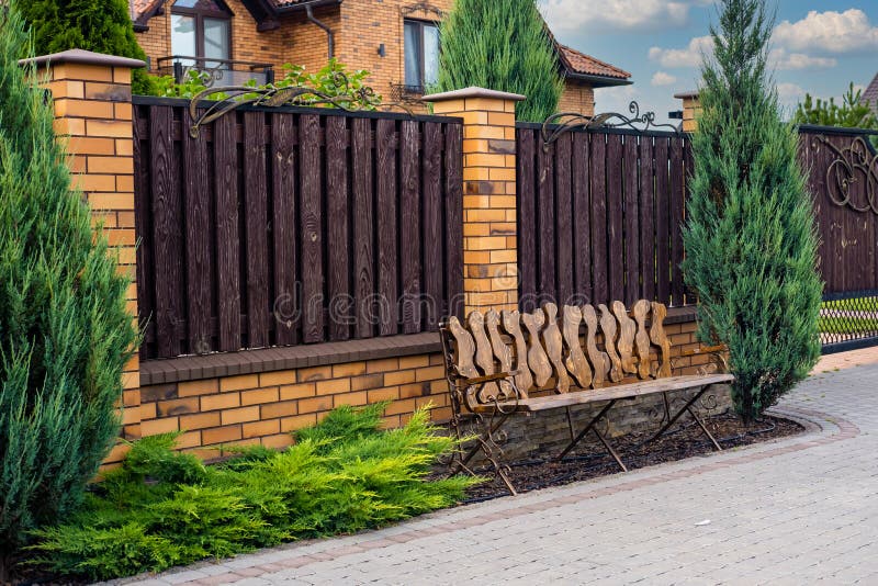 Beautiful Decorative Modern Wooden Fence with Brick Columns Stock Image ...