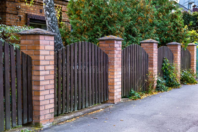 Beautiful Decorative Modern Wooden Fence with Brick Columns Stock Image ...