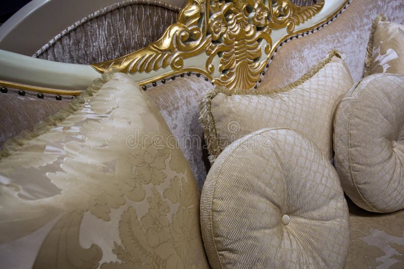 Beautiful Decorative Pillows on Sofa, Close-up Stock Photo - Image of ...