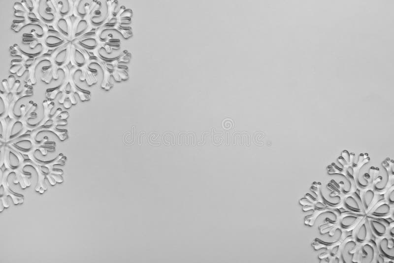 Beautiful Decorative Snowflakes on Light Grey Background, Flat Lay ...