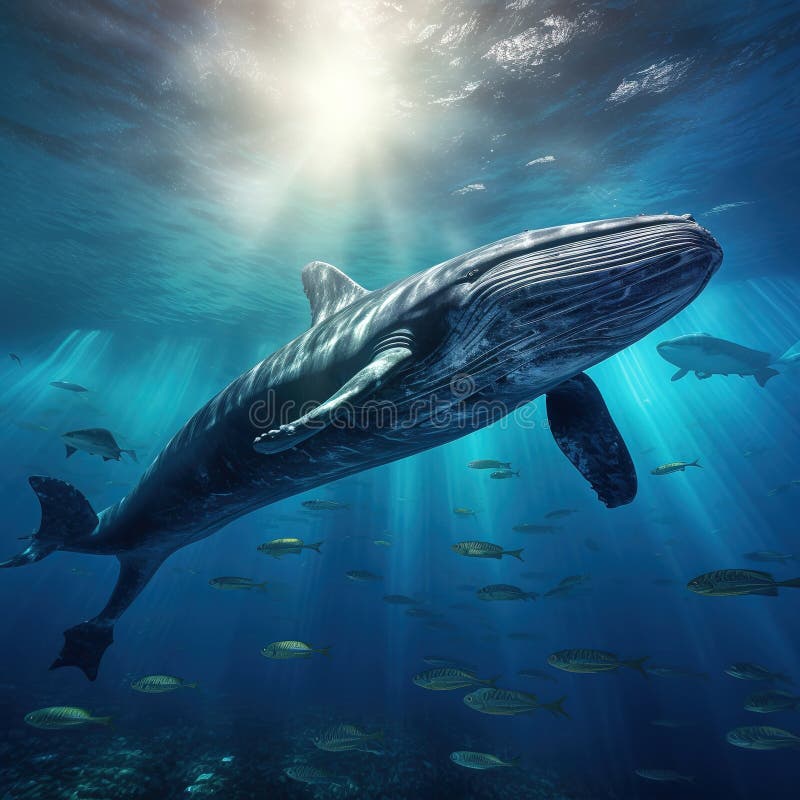 Deep Blue Ocean Blue Whale Viewed from Ocean Floor Looking Up ...