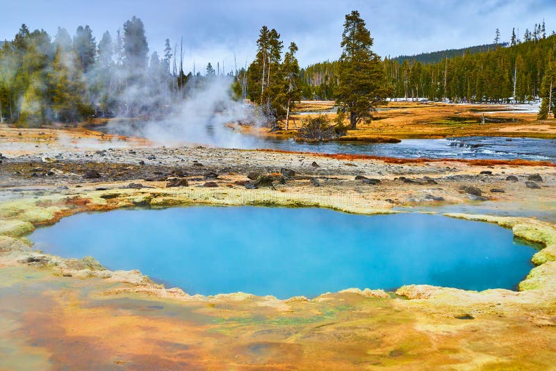 Beautiful Deep Blue Yellowstone Pools of Alkaline Water in Basin Stock ...