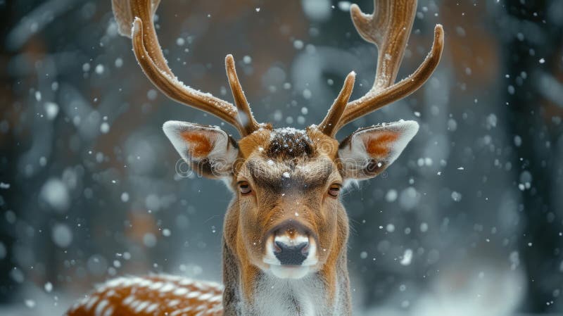 A Beautiful Deer with Big Antlers Close-up in a Snowy Forest Stock ...