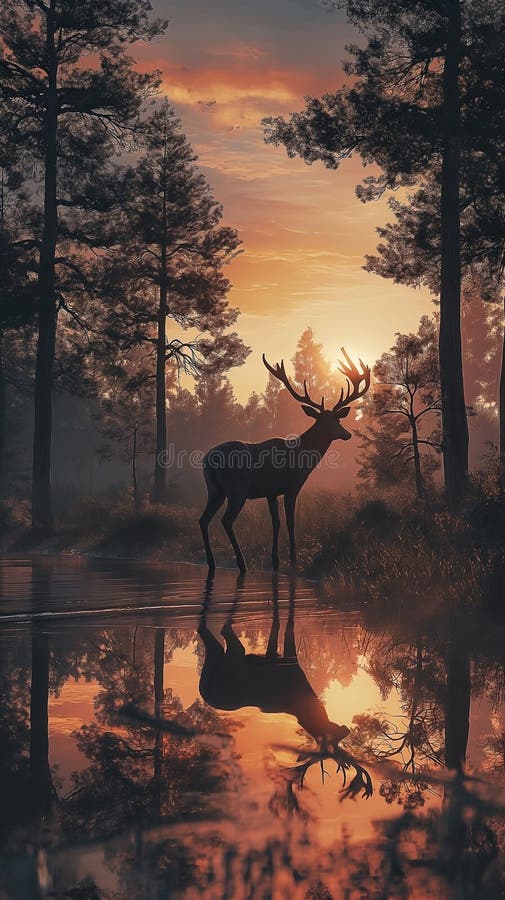 Beautiful Deer Stag in the Forest at Sunset in the Grass Ray Trees ...