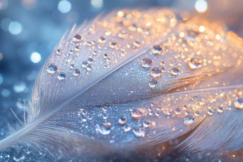 Beautiful Delicate White Feather with Sparkling Water Drops Reflecting ...
