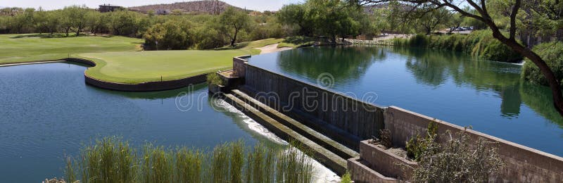 Beautiful Desert Golf Course with Lake Waterfall Stock Photo - Image of ...