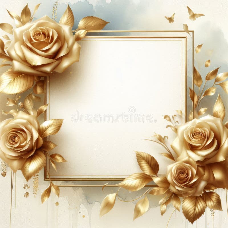 Elegant Golden Roses Frame a Blank Space, Perfect for Invitations or ...