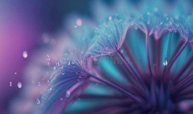 Beautiful Dew Drops on a Dandelion Seed Macro with a Soft Light Blue ...
