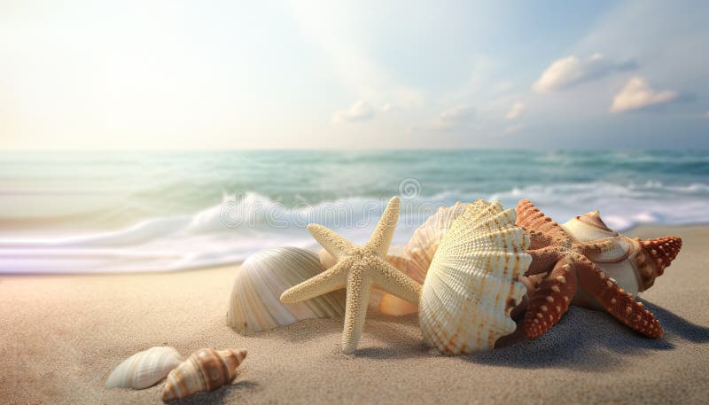 Beautiful Shells on the Sand Beach. Generative AI Stock Illustration ...