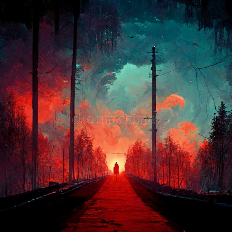 Beautiful Digital Background of a Path with Trees in Green and Red ...