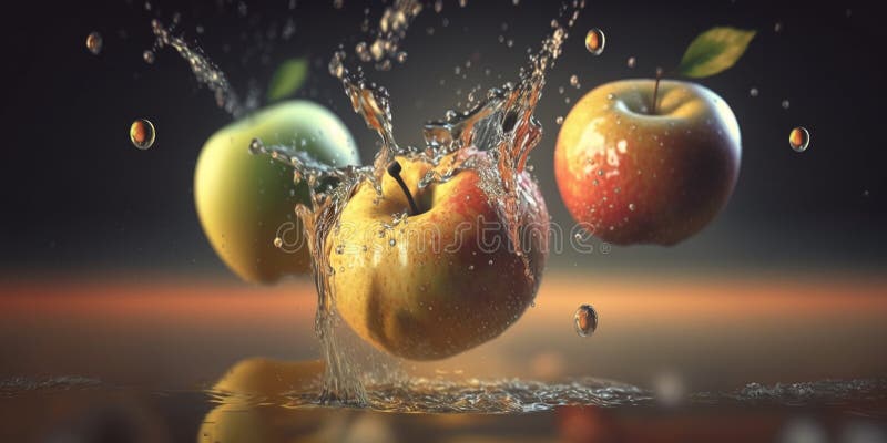 Several Apples Falling into Water - a Digital Illustration Depicting ...