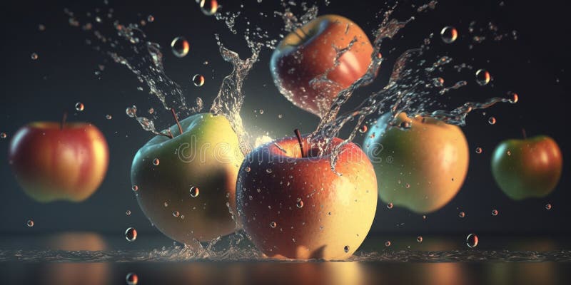 Several Apples Falling into Water - a Digital Illustration Depicting ...