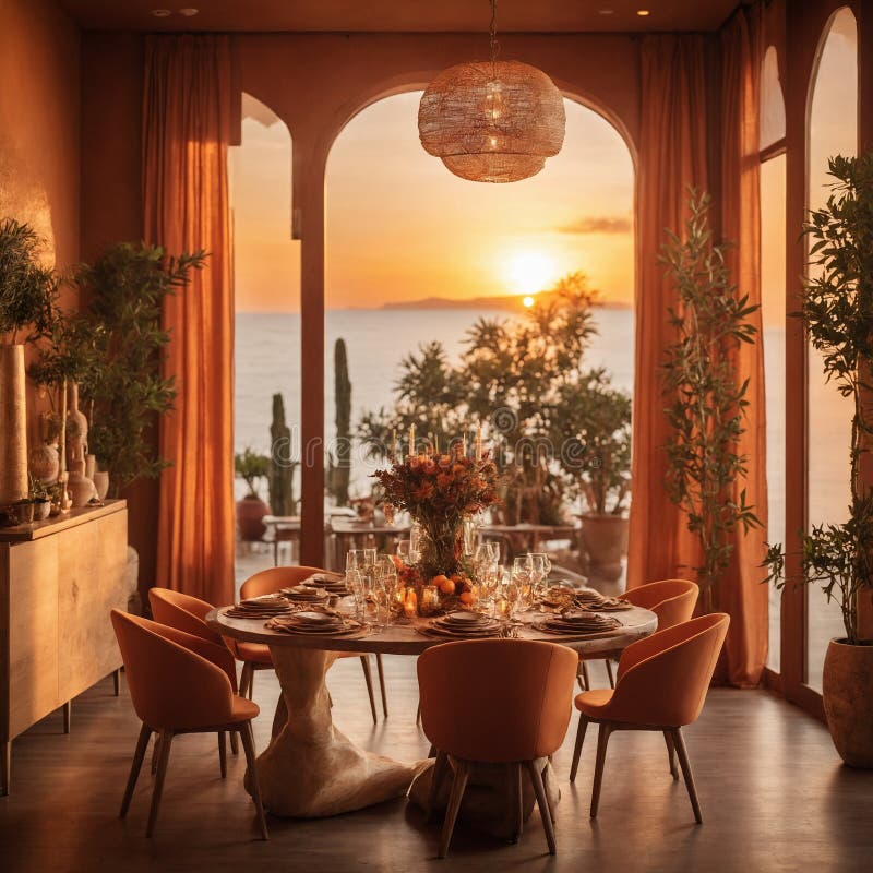 Beautiful Dining Interior with Table and Chairs at Sunset Stock Image ...