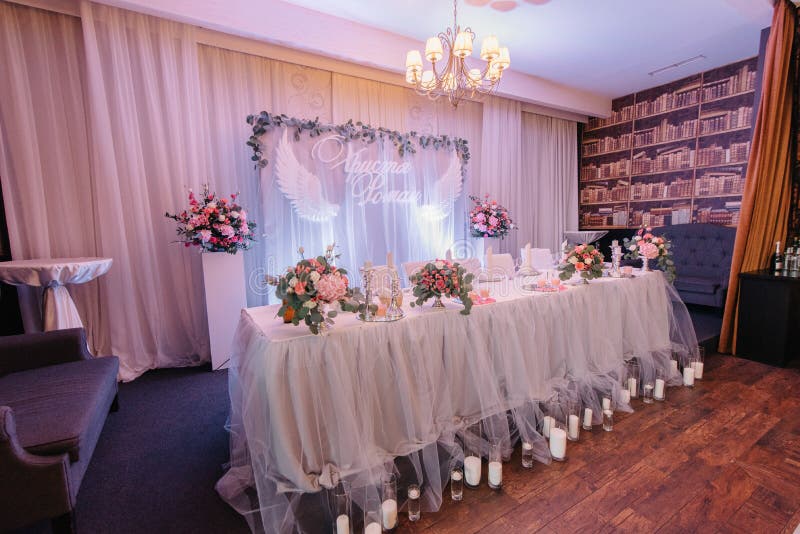 Beautiful Dinner Table Prepared for Wedding Stands in Cosy Restaurant ...