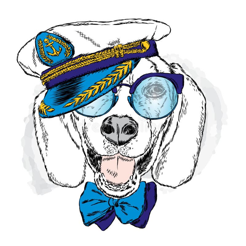 Beautiful Dog in the Captain`s Cap, Glasses and Tie. Stock Vector ...
