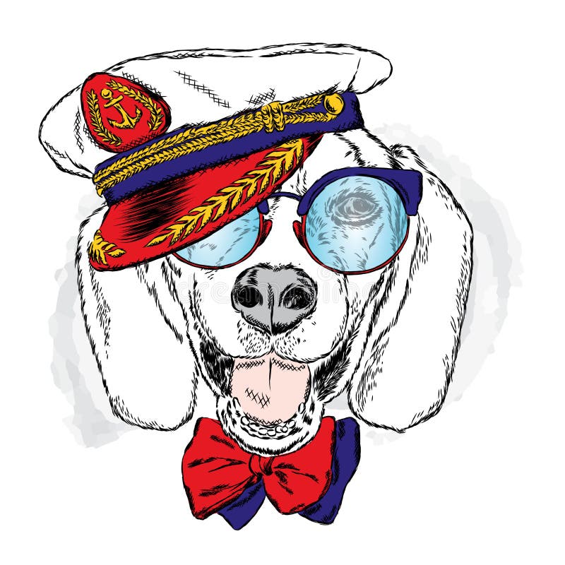 Beautiful Dog in the Captain`s Cap, Glasses and Tie. Stock Vector ...