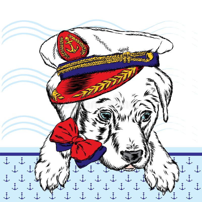 Beautiful Dog in the Captain`s Cap, Glasses and Tie. Stock Vector ...