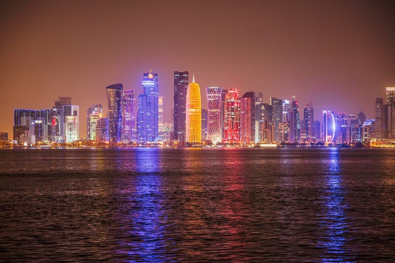 Beautiful Doha City Skyline at Night Stock Photo - Image of middle ...