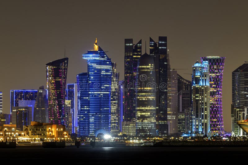 Beautiful Doha Skyline at Night from Beach 974 Doha Qatar Editorial ...