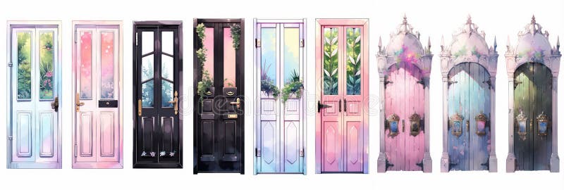 Doors on Isolated White Background - Anime Art Style Stock Illustration ...