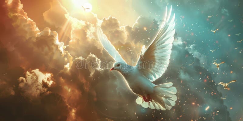 A Beautiful Dove, Bird of Peace Soars through a Sky Filled with Clouds ...