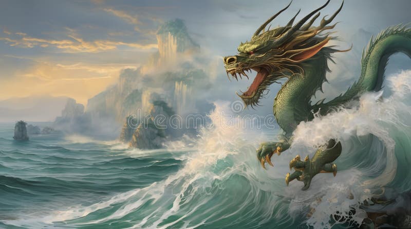 Beautiful Dragon with a Big Wave Stock Illustration - Illustration of ...