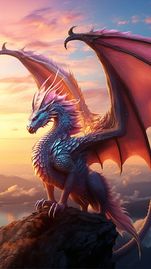 Beautiful Dragon Stands on a High Rock Stock Illustration ...