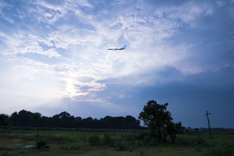 Beautiful Dramatic Blue Sky and Flying Plane in Sky. Stock Image ...