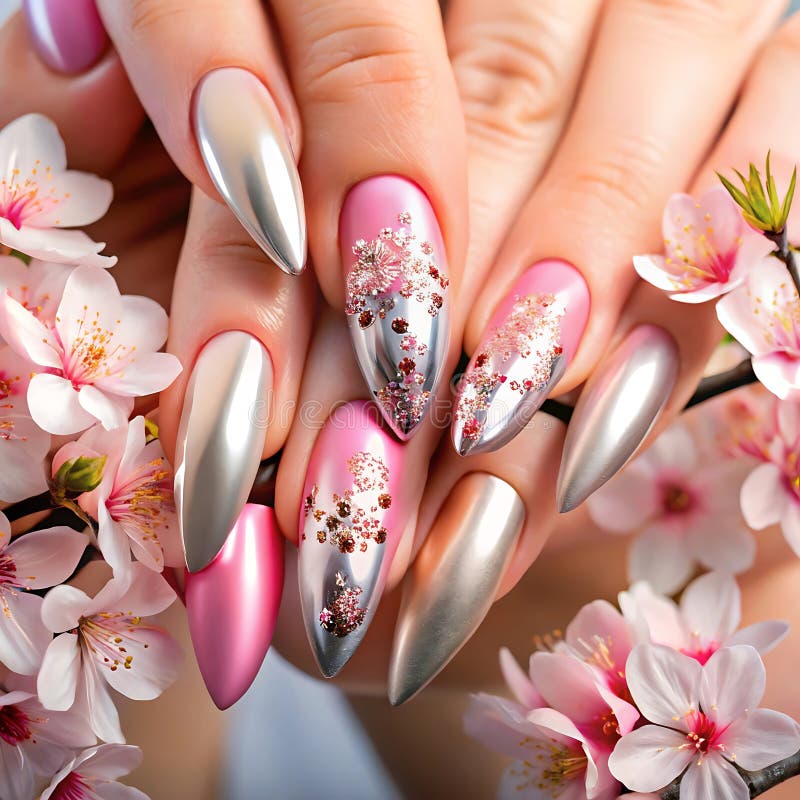 Beautiful, Dramatic Finger Makeup on Long, Sharp Nails with Floral Art ...