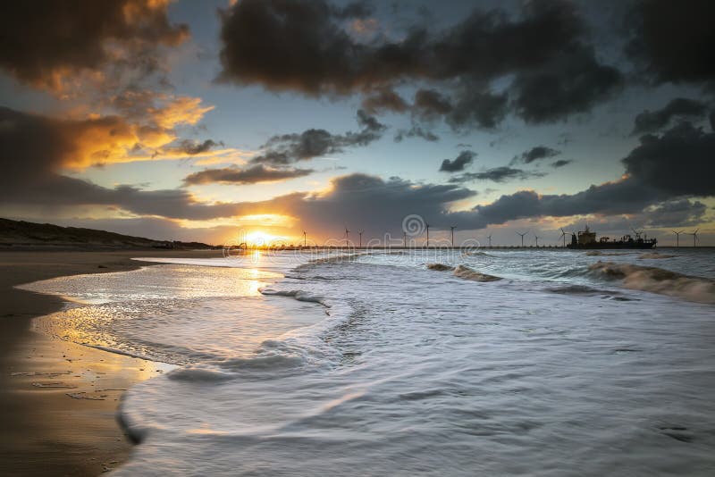 Beautiful Dramatic Sunrise on North Sea Beach Stock Image - Image of ...