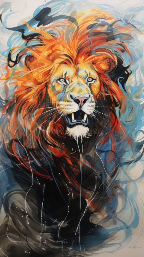 Drawing of a Beautiful Lion with a Fluffy Mane in Gray Colors. Stock ...