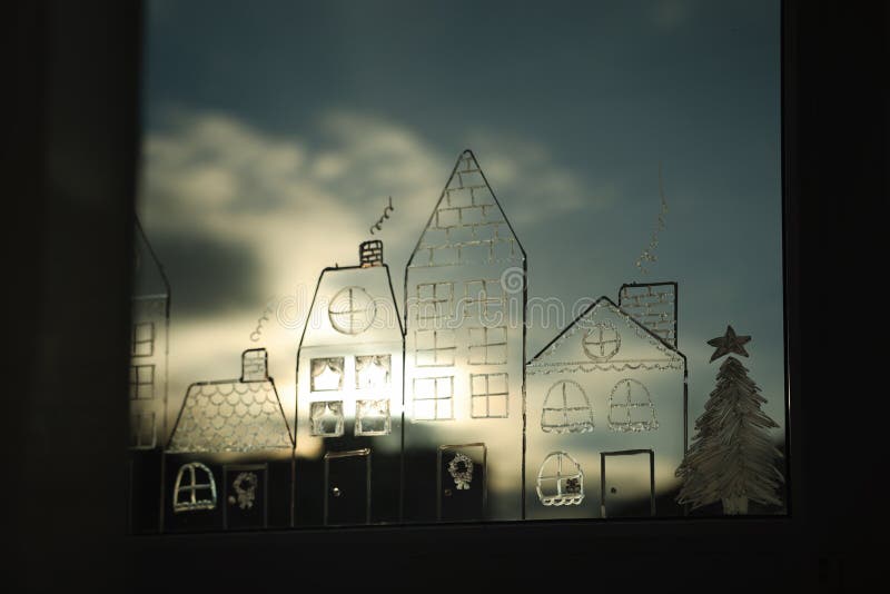 Beautiful Drawing Made with Artificial Snow on Window. Christmas Decor ...