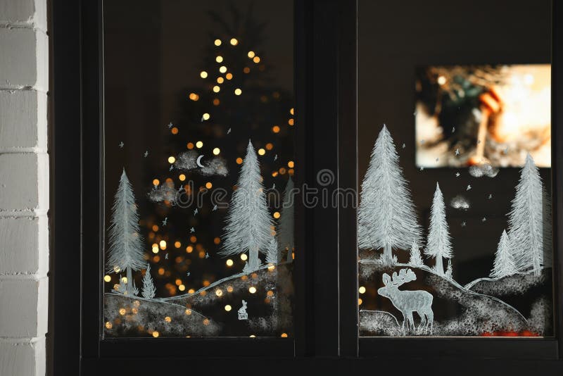 Beautiful Drawing Made with Artificial Snow on Window. Christmas Decor ...