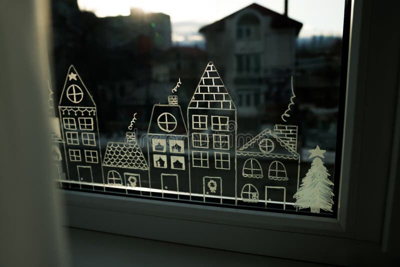 Beautiful Drawing Made with Artificial Snow on Window. Christmas Decor ...