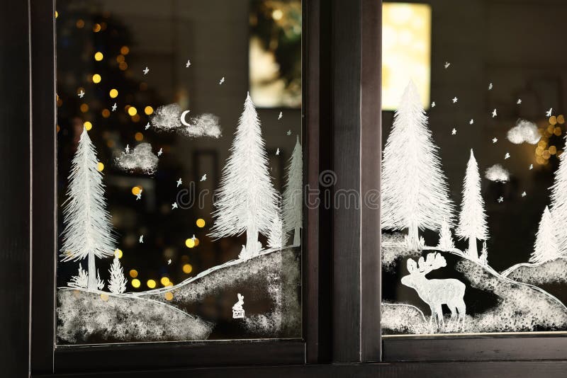 Beautiful Drawing Made with Artificial Snow on Window. Christmas Decor ...